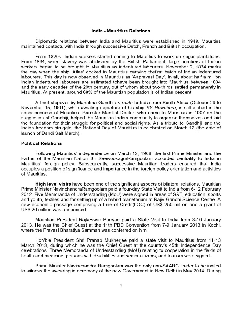 India-Mauritius Diplomatic Relations | PDF | Mauritius