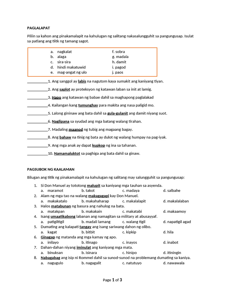 Activity Sheet in Filipino Q1 W4 | PDF