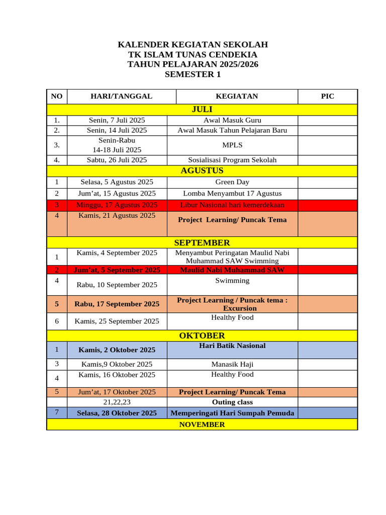 Kalender Kegiatan TK Islam 2025/2026 | PDF