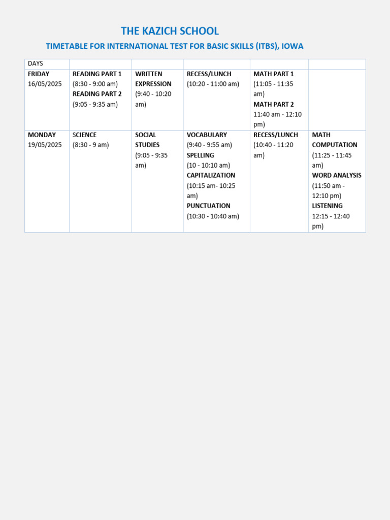 Kazich School ITBS Test Timetable | PDF