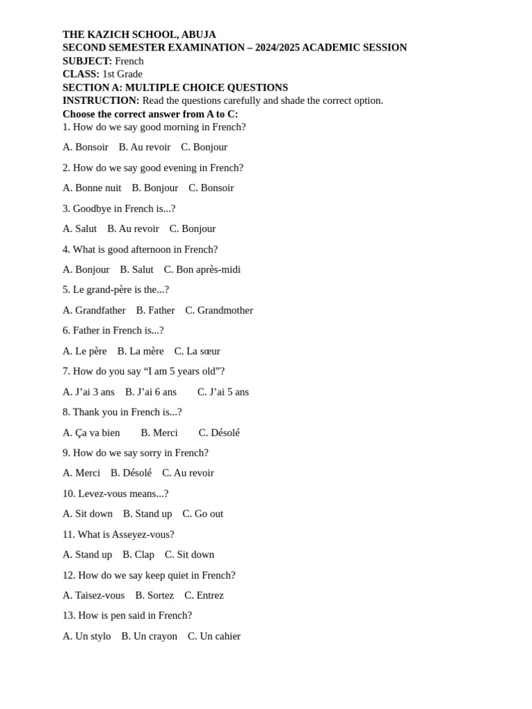 French 1st To 1oth Grade Sem 2 Exam 2025 | PDF