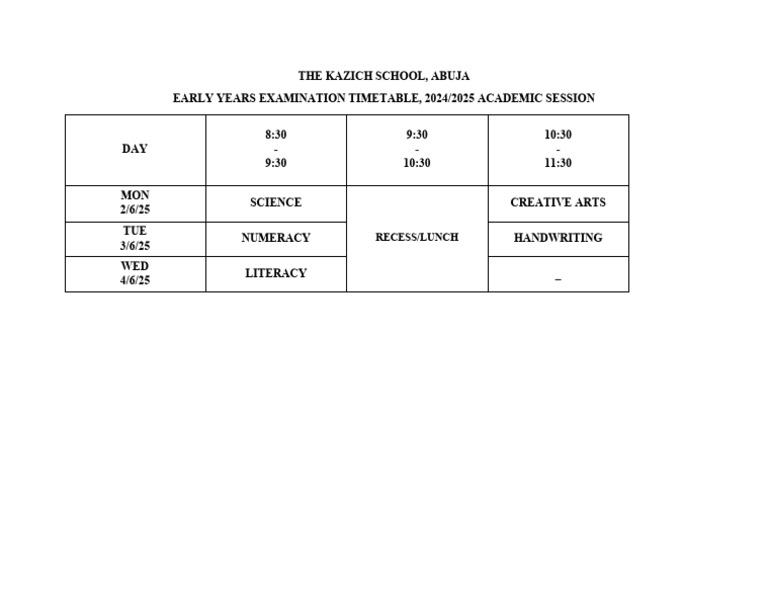 Early Years Eaxm Time Table | PDF