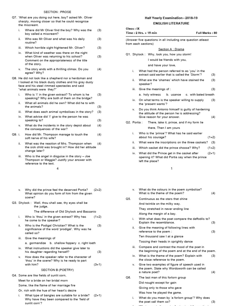 Icse Class 9 Hy English Literature 2019 | PDF