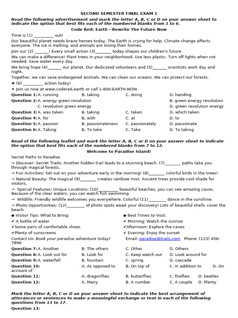 Second Semester Final Exam 1 | PDF | Tourism | Conservation Biology