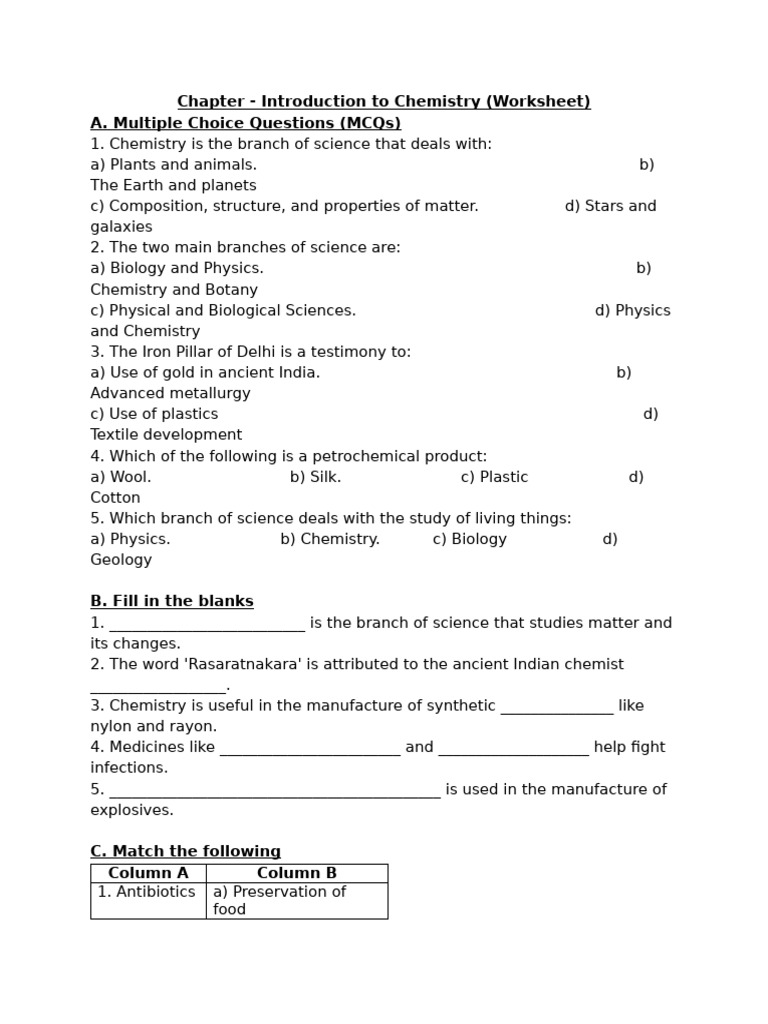 Class 6 Chemistry: Introduction Worksheet | PDF