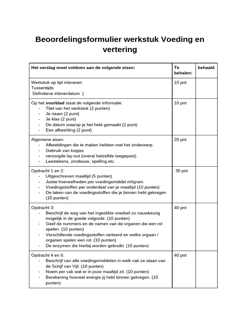 Beoordelingsformulier Werkstuk Voeding en Vertering | PDF