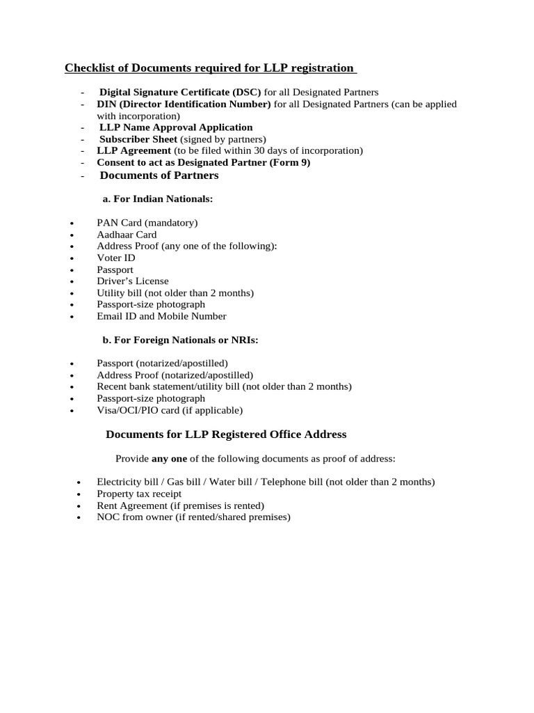 Checklist of Documents Required For LLP Registration | PDF