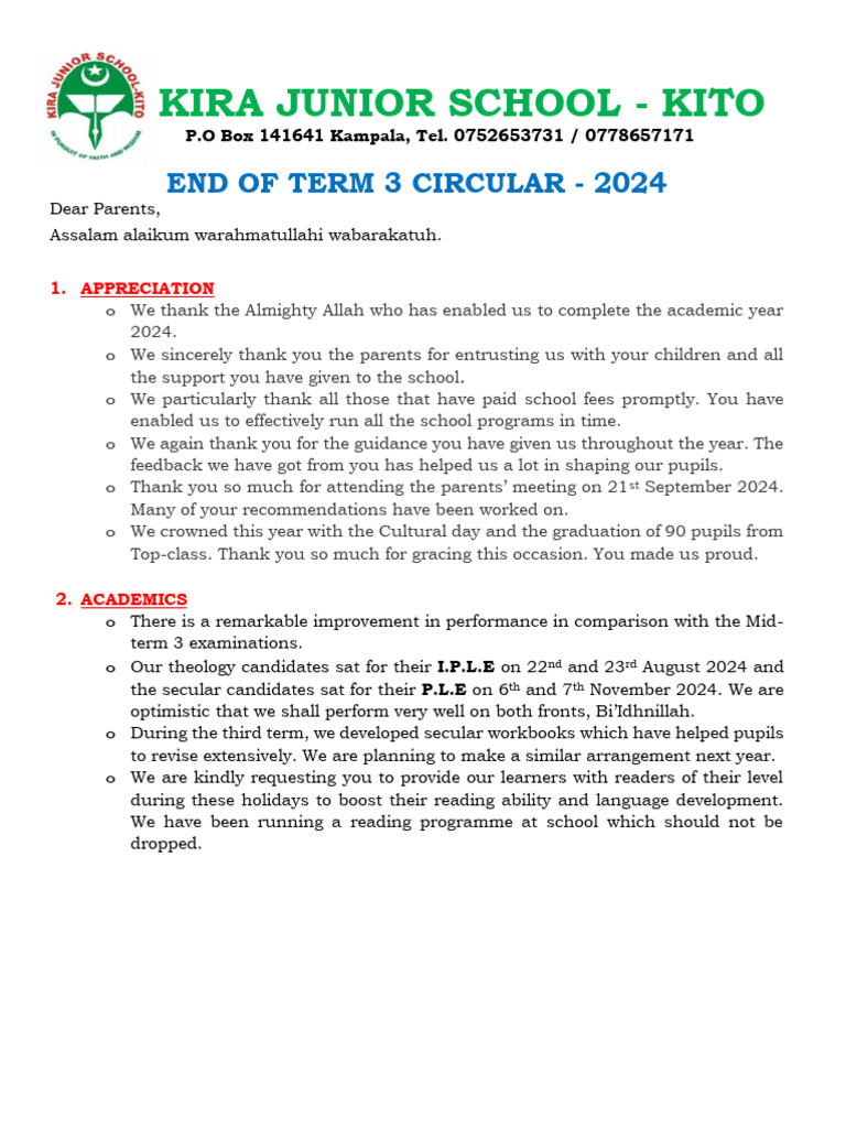 End of Term 3 Circular 2024 | PDF | Payments