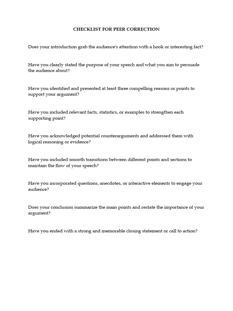 Checklist For Peer Correction (Persuasive Speech) | PDF