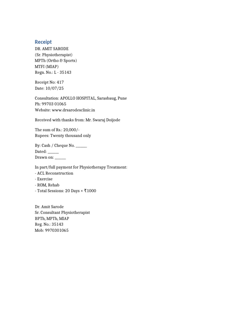 Physiotherapy Receipt | PDF