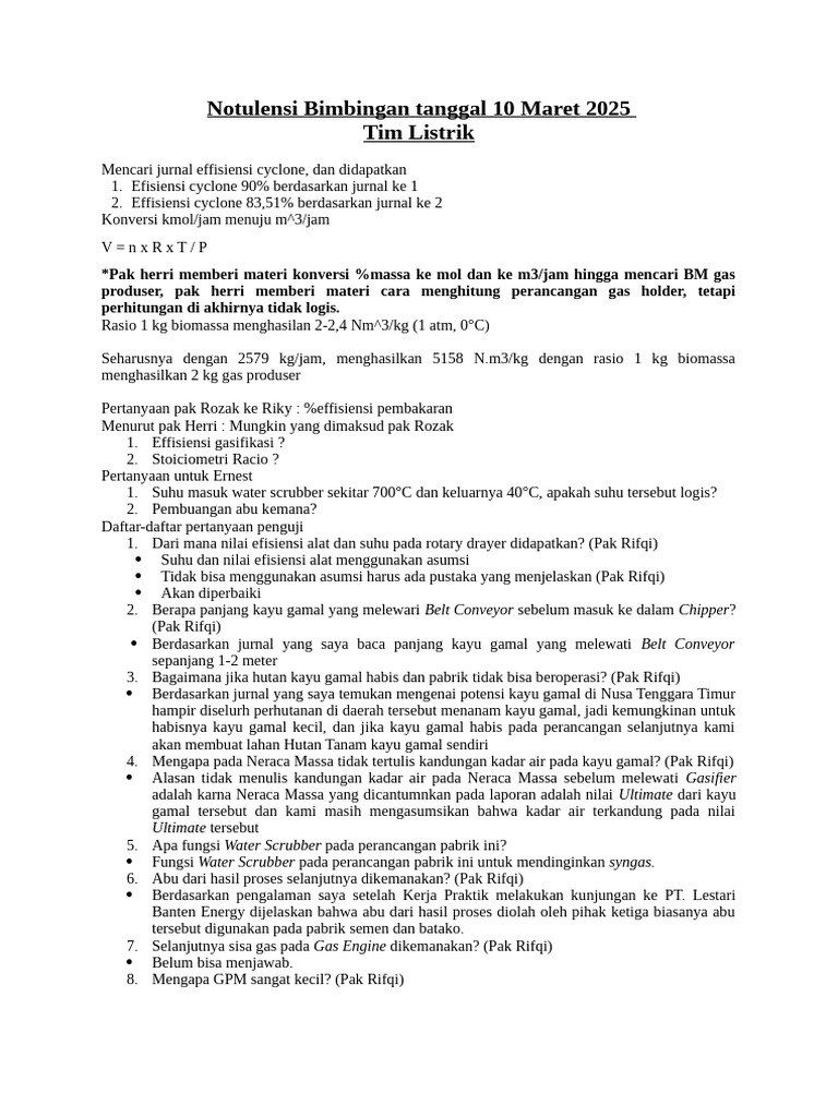 Notulensi Bimbingan Tim Listrik Kepda Pak Herri 10 Maret 2025 | PDF