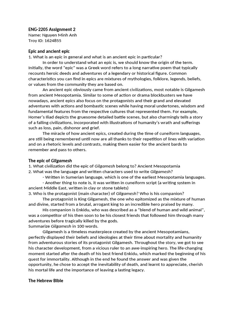ENG-2205 Assignment 2 - Nguyen Minh Anh 1624855 | PDF | Epic Poetry | Apollo