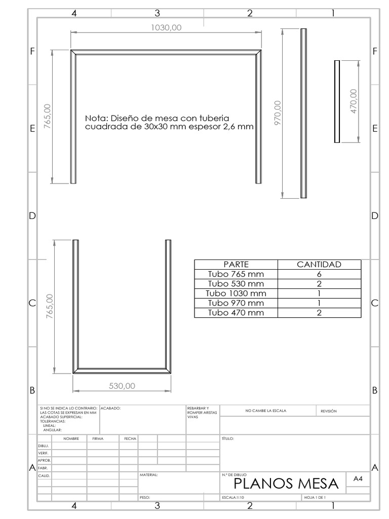 Planos de Mesa con Tubos de Acero | PDF | Ingeniería mecánica