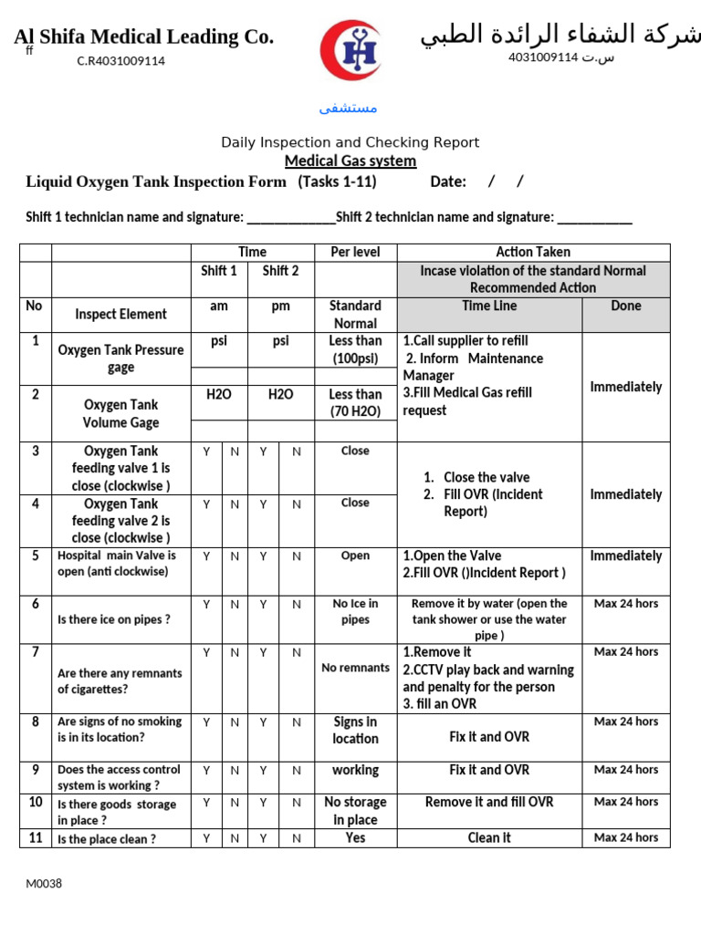 Daily Oxygen Cylinder Inspection Checklist | PDF | Oxygen | Equipment