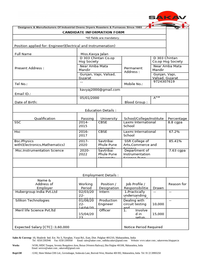 Candidate Information Form - Sakav | PDF