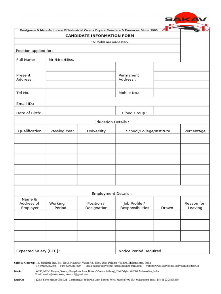 Candidate Information Form - Sakav | PDF