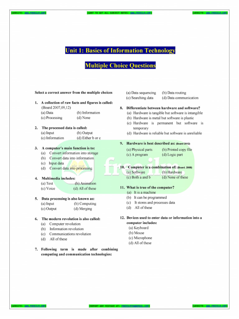 11th Comp CH 1 MCQ's | PDF