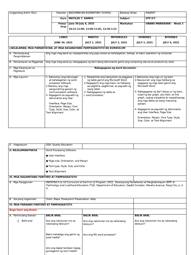Matatag DLL Week 3 Epp Ict g4 | PDF