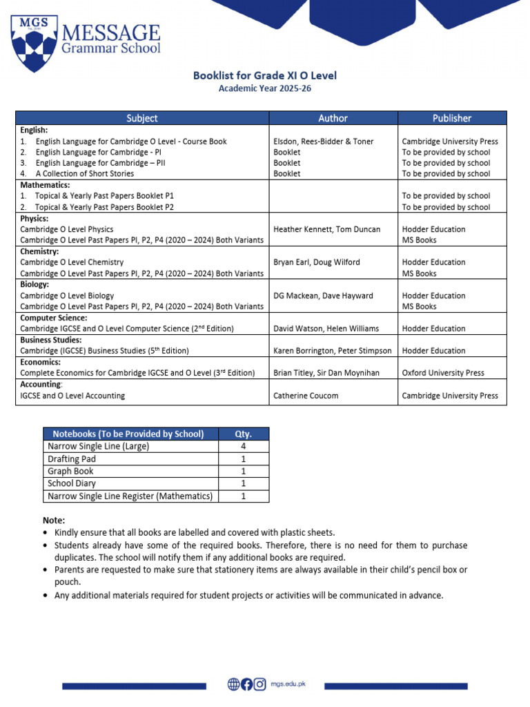 Grade XI O Level Booklist 2025-26 | PDF