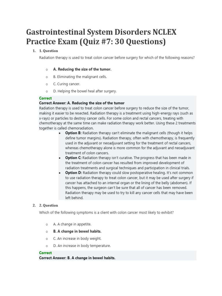 NCLEX Practice Exam: GI Disorders Quiz | PDF | Colorectal Cancer | Cancer