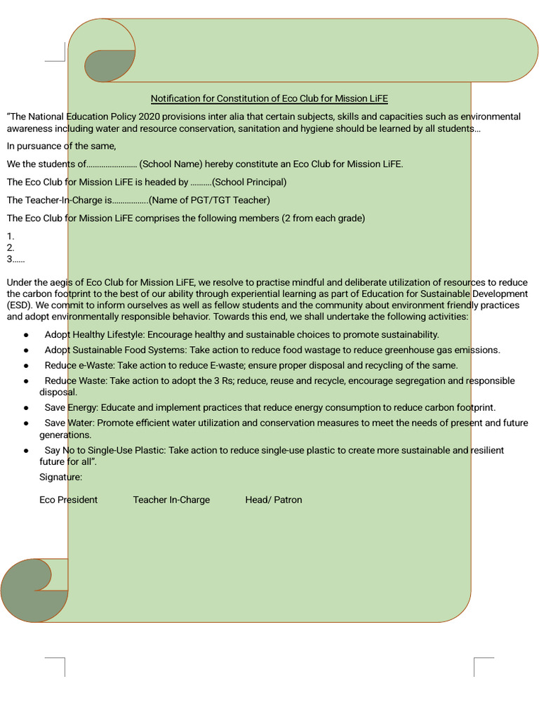 Eco Club Constitution for Mission LiFE | PDF