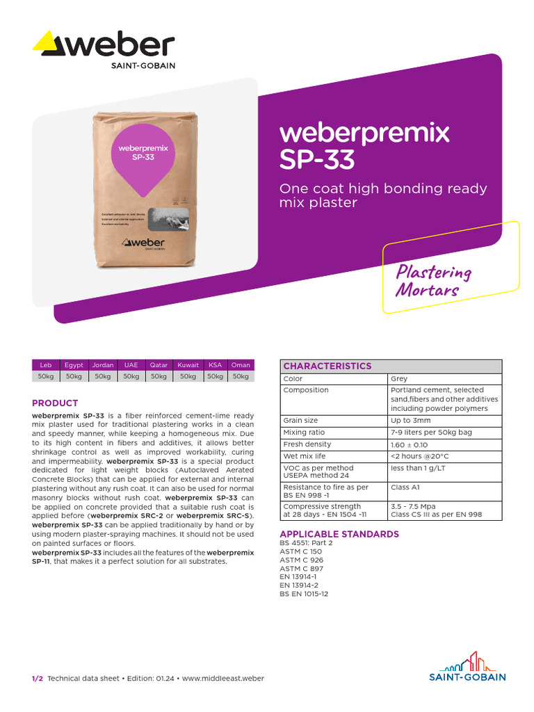 Weberpremix SP-33 Plaster Data Sheet | PDF | Plaster | Mortar (Masonry)