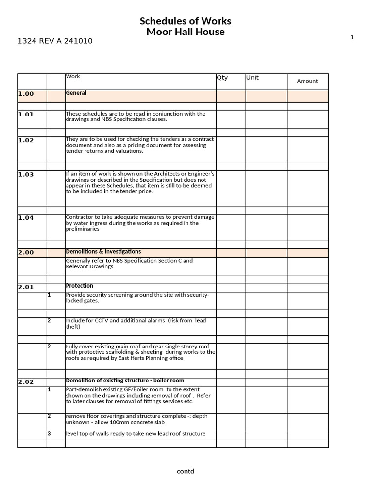 1324 Tender - Schedules of Works REV A 241010 2 | PDF | Plaster | Roof