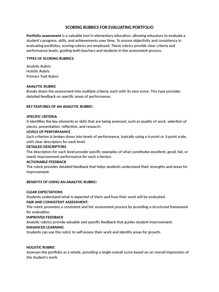 Scoring Rubrics For Evaluating Portfolio | PDF | Rubric (Academic ...