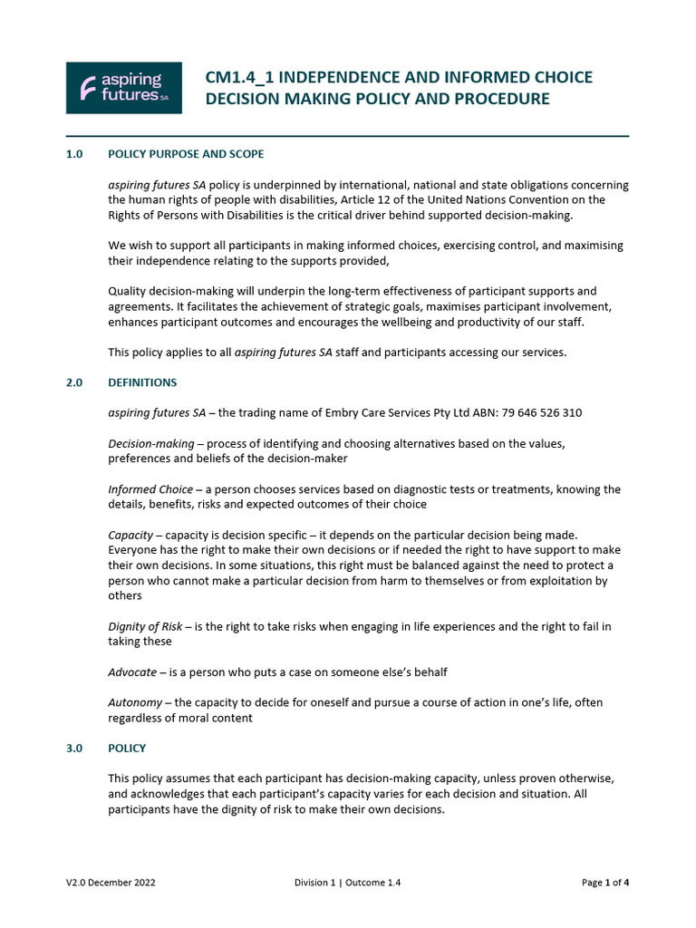 Informed Choice Policy for Disabilities | PDF | Risk | Decision Making