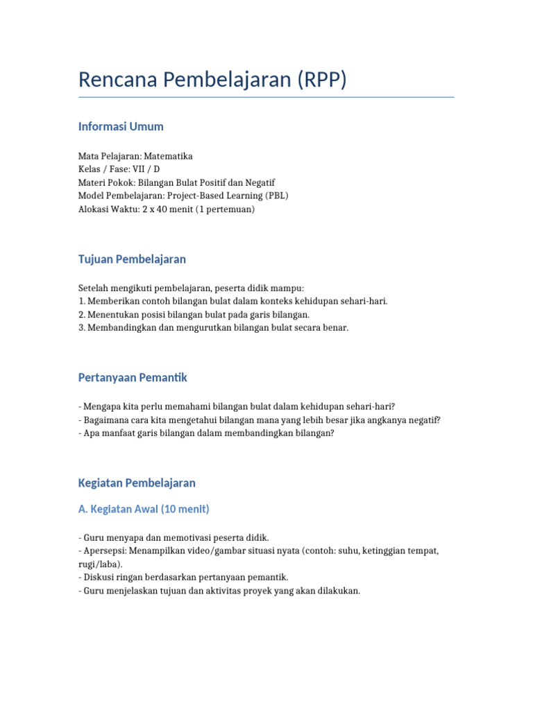 RPP PBL Bilangan Bulat Kelas7 | PDF