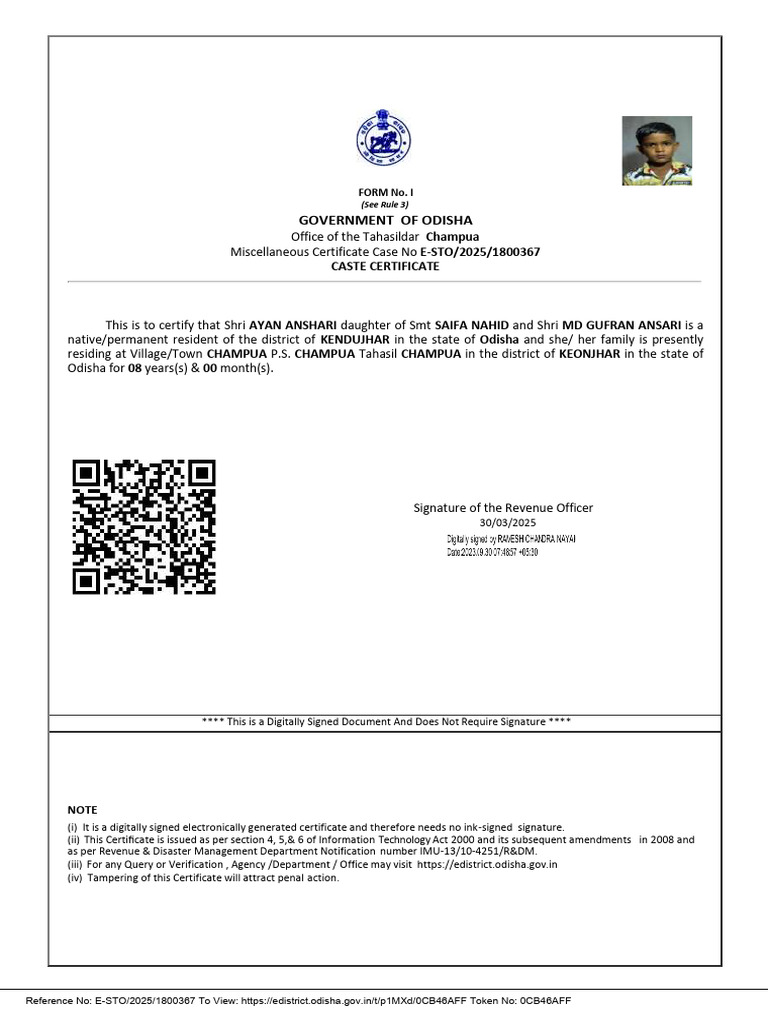 Odisha Caste Certificate for Ayan Anshari | PDF