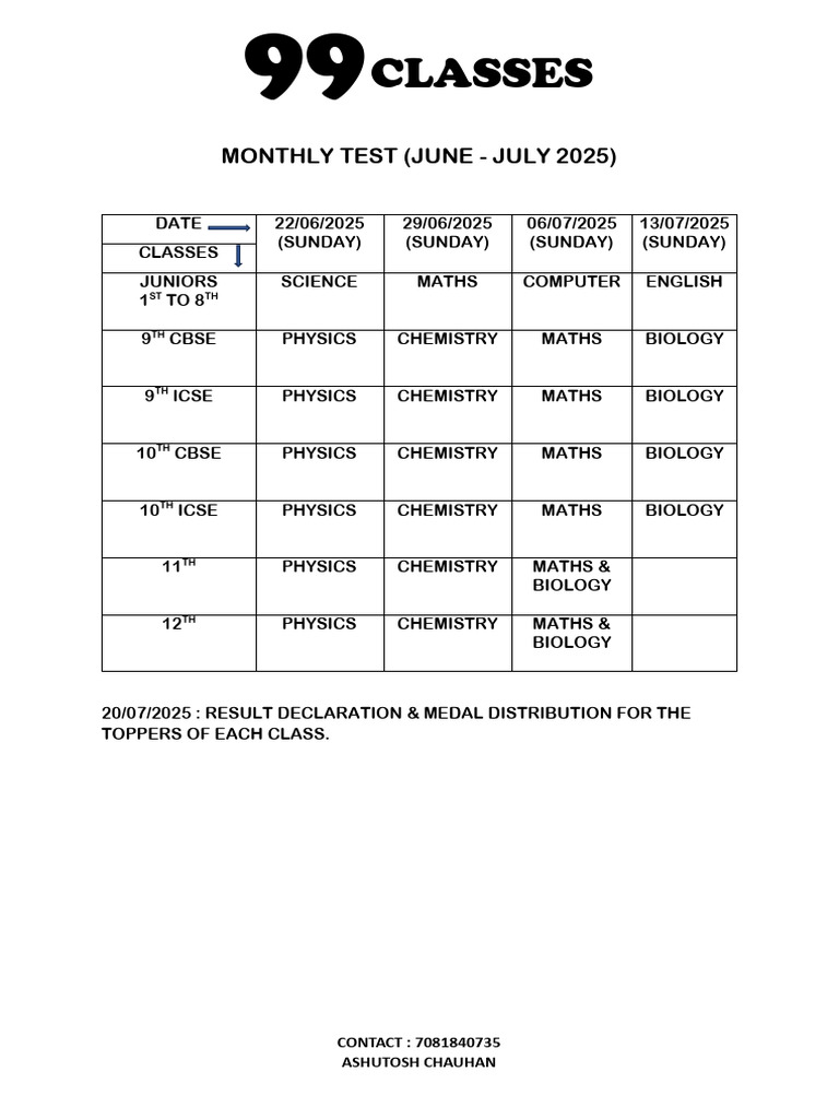 Monthly Test Schedule July 2025 | PDF