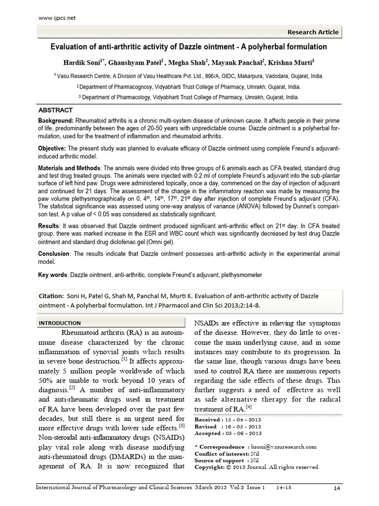 Evaluation of Anti Arthritic Activity of | PDF | Arthritis | Topical Medication
