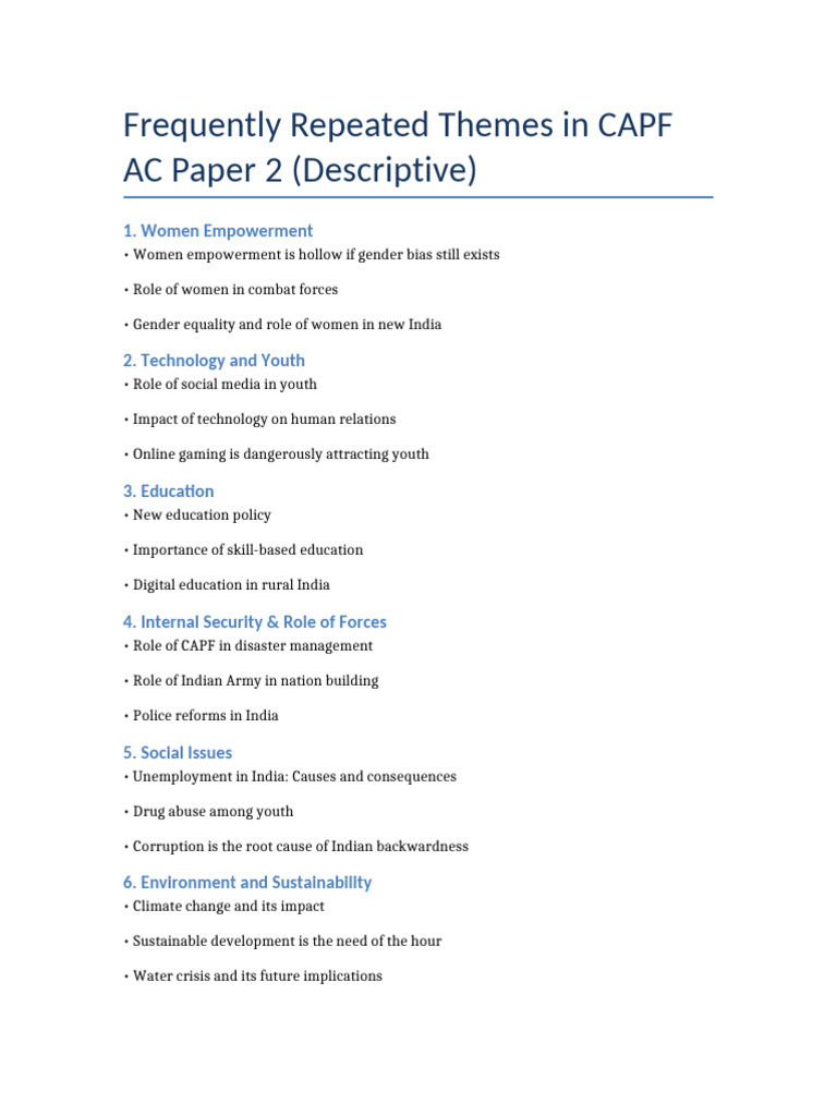 CAPF AC Essay Topics Overview | PDF