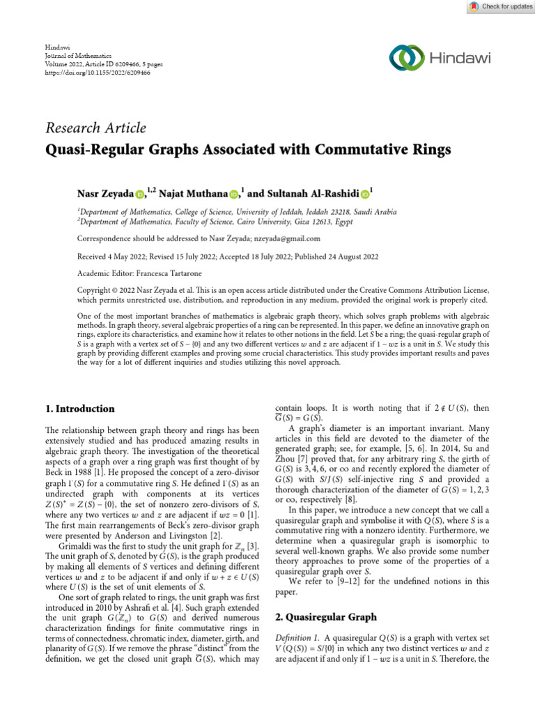 Journal of Mathematics - 2022 - Zeyada - Quasi Regular Graphs ...