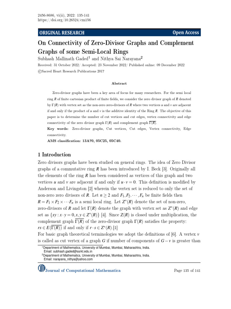 On Connectivity of Zero Divisor Graphs A | PDF | Mathematical Relations ...