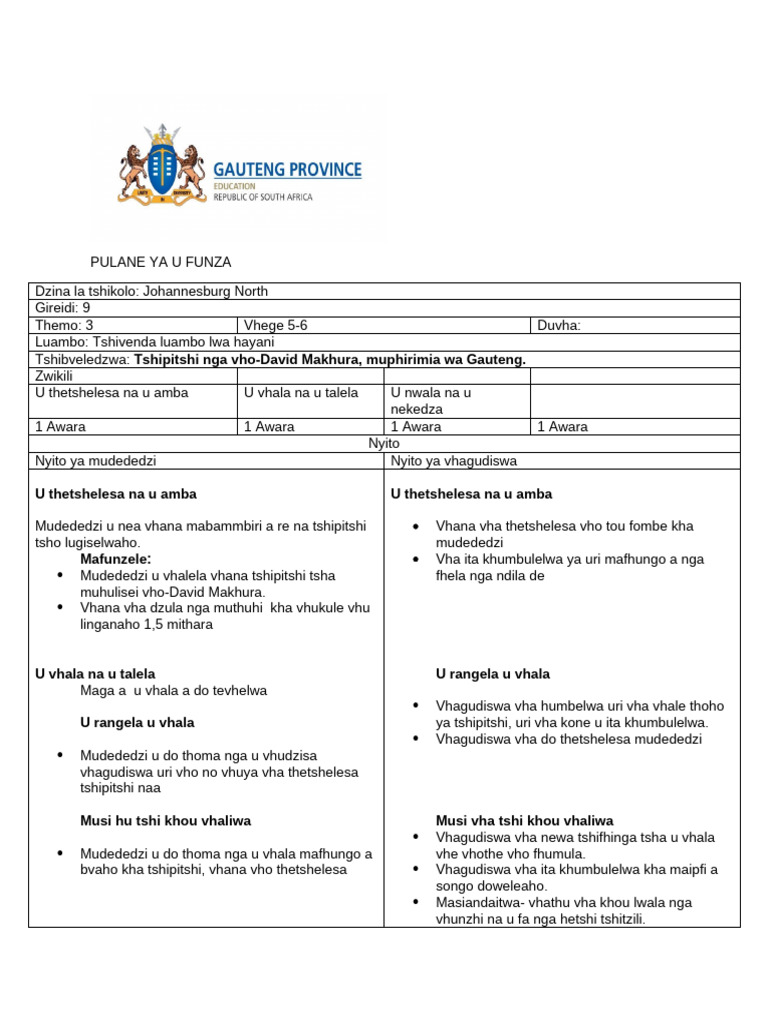 Tshivenda Plan Term 3 Week 5-6 | PDF