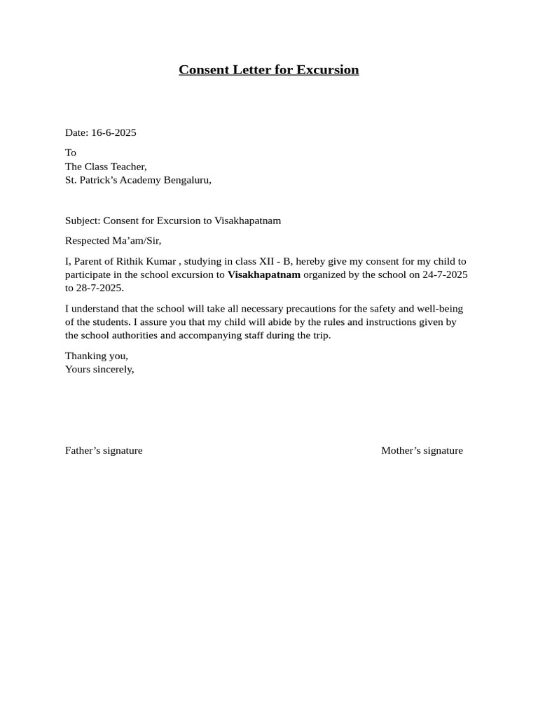 Consent Letter For Excursion | PDF