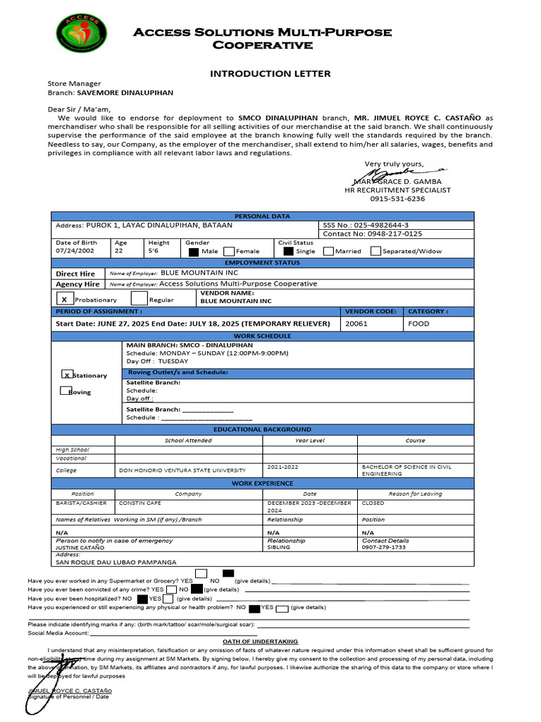 Intro Letter Smco Dinalupihan Jimuel Royce C. CastaÑo | PDF ...
