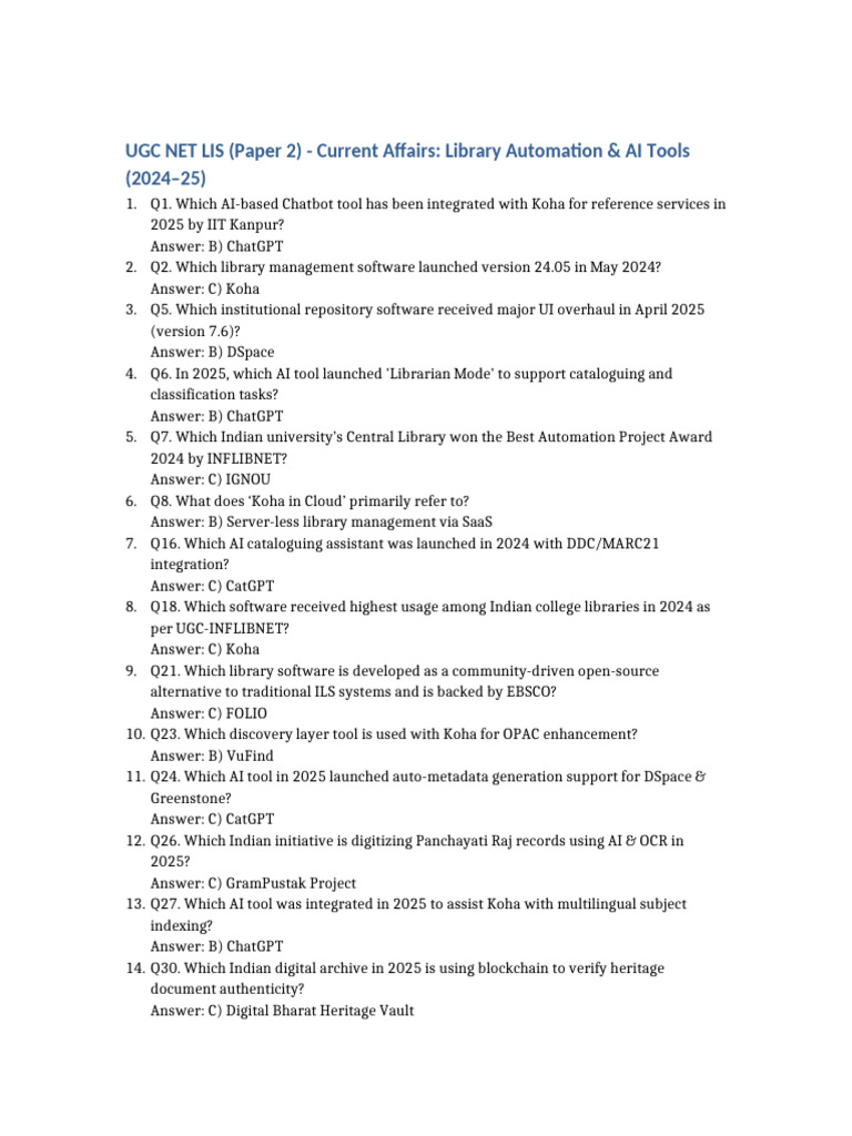 Library Automation Current Affairs UGC NET 2024 25 | PDF | Libraries ...