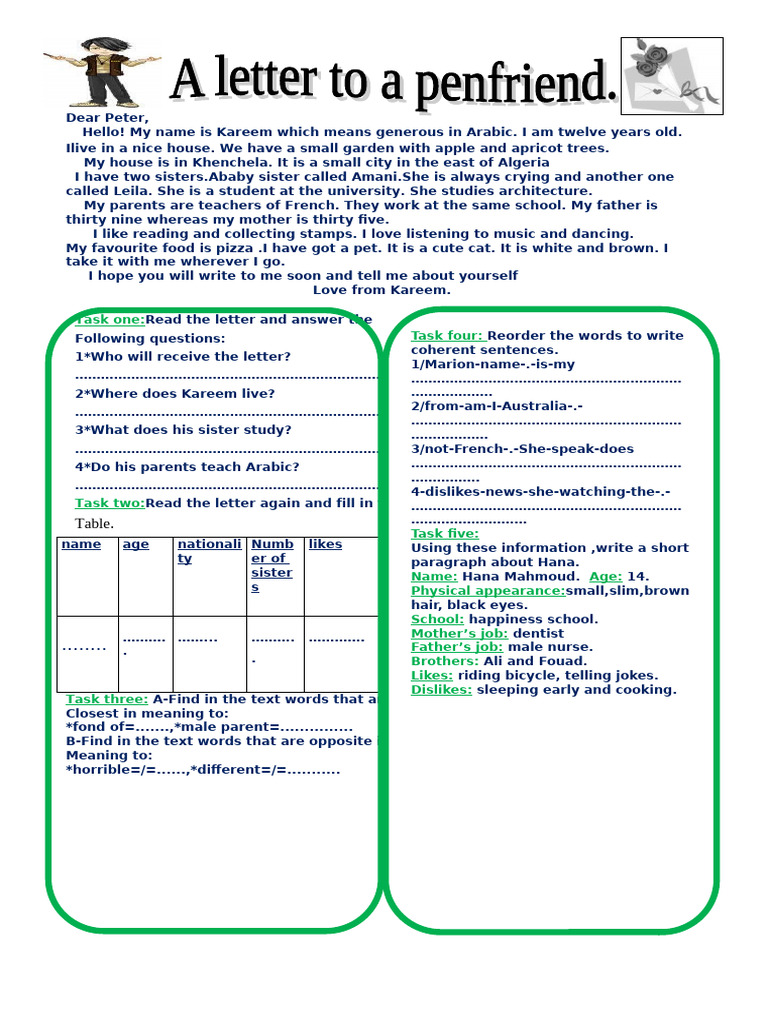 A Letter To A Penfriend Reading Comprehension Exercises 28202 | PDF