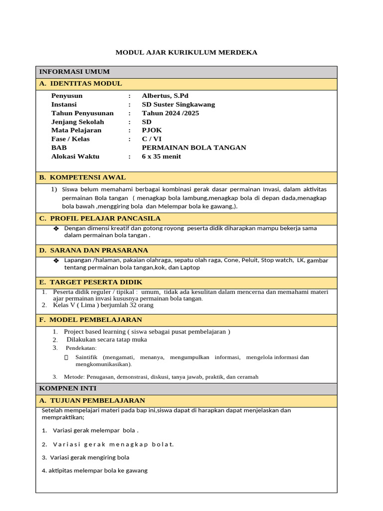 Modul Ajar Permainan Bola Tangan SD | PDF
