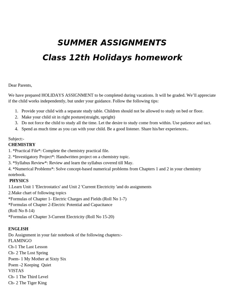 Class 12th Science Holiday Homework | PDF