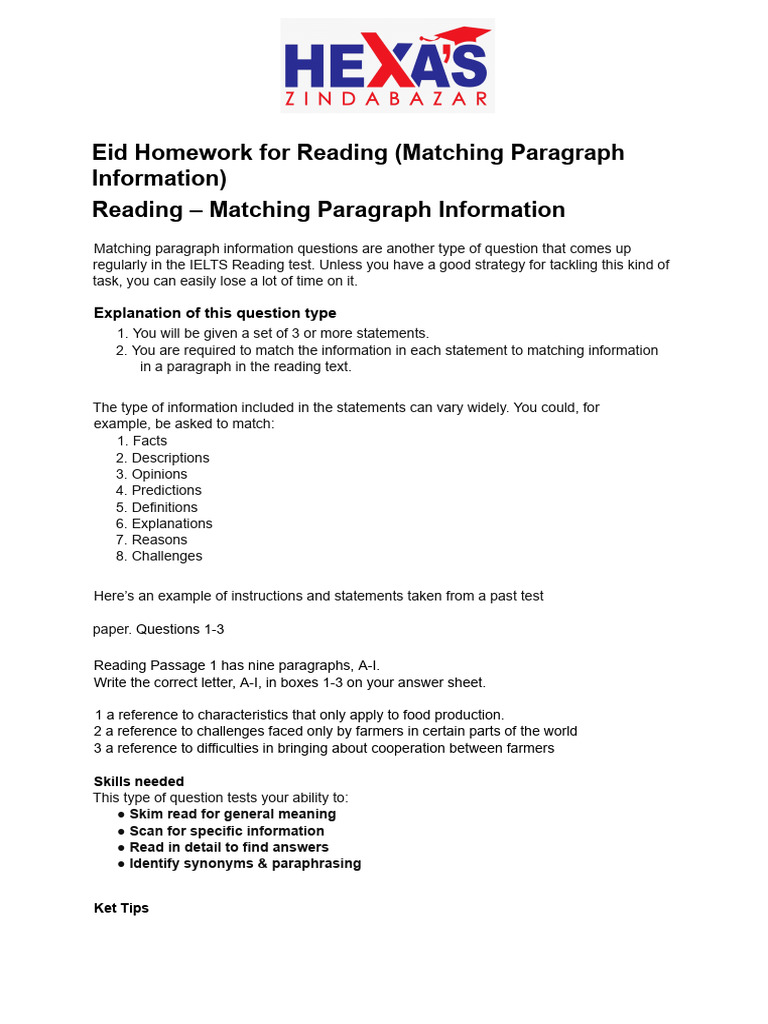 Eid Homework For Reading (Matching Paragraph Information) | PDF ...