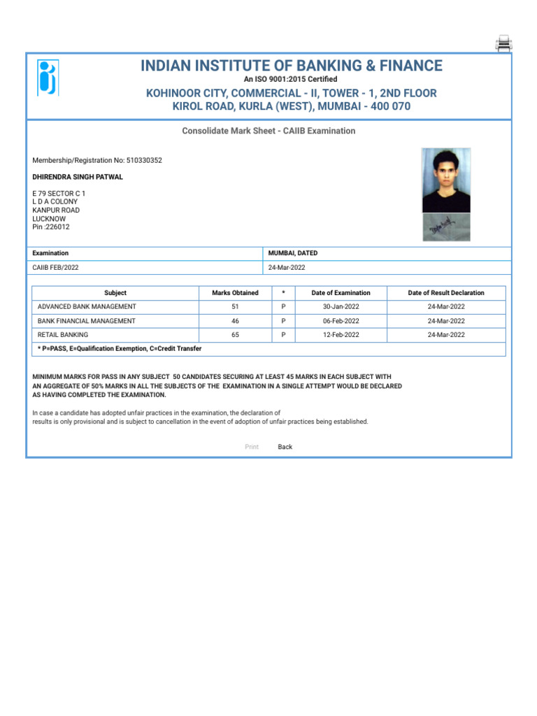 Caiib Marksheet | PDF