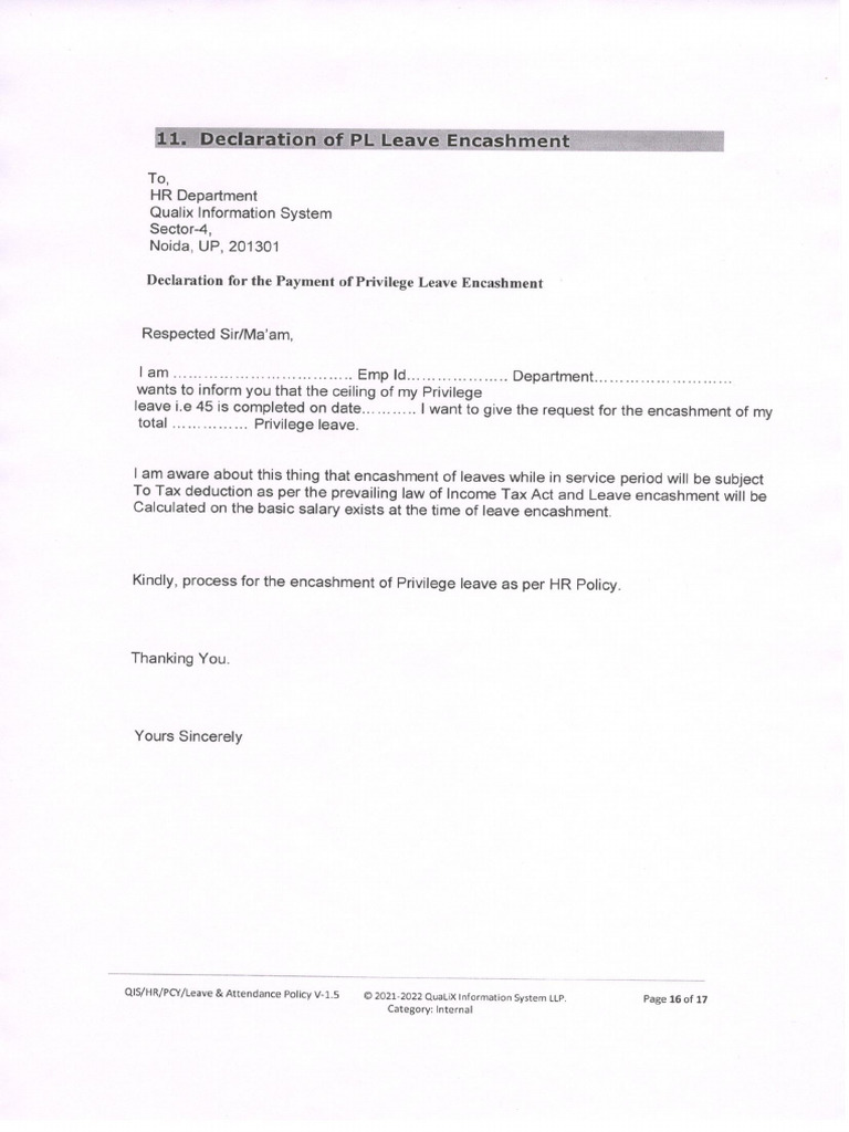 Declaration For Leave Encashment | PDF