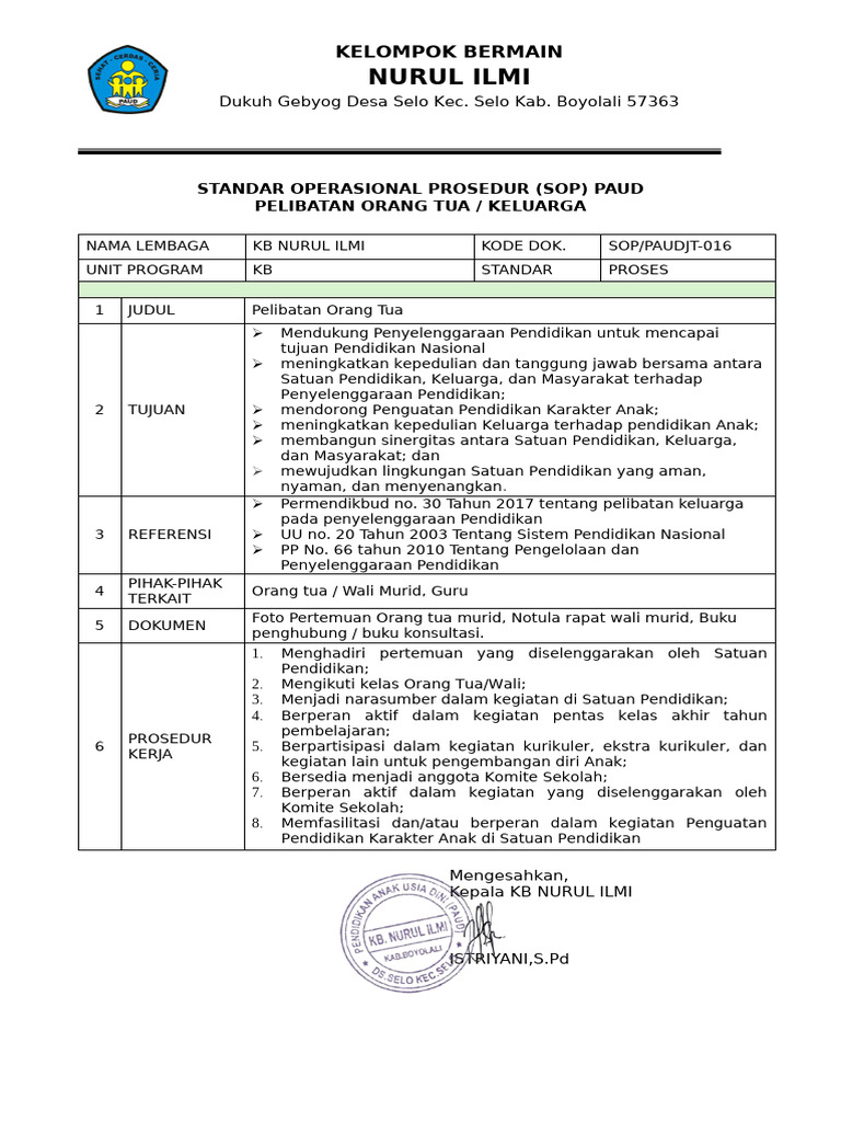 SOP PAUD - Pelibatan Orang Tua | PDF