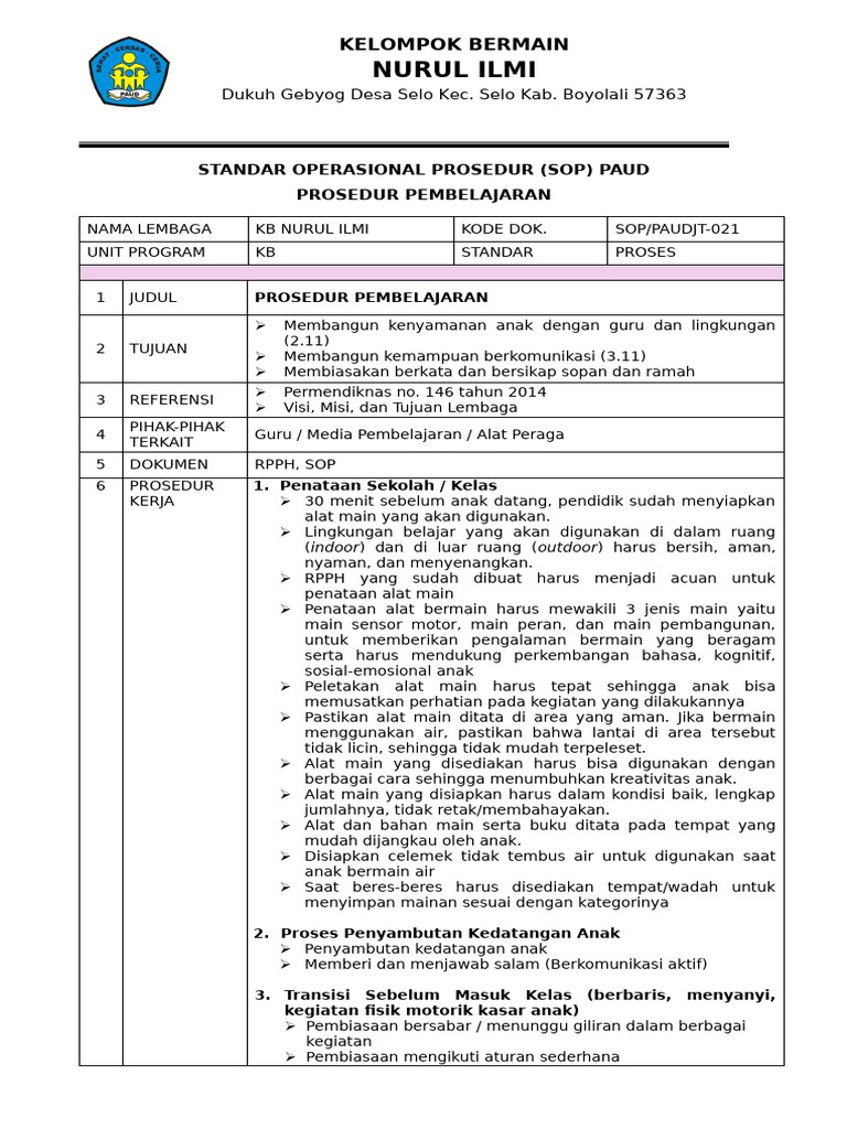 SOP PAUD - Prosedur Pembelajaran | PDF