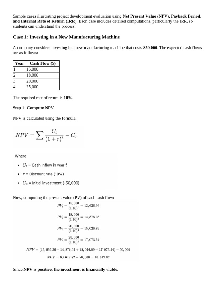 Computation NPV IRR Payback | PDF
