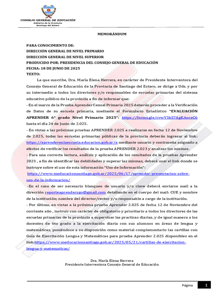 MEMORANDÚM EVALUACIÓN APRENDER 6° Grado Nivel Primario 2025 | PDF | Educación primaria